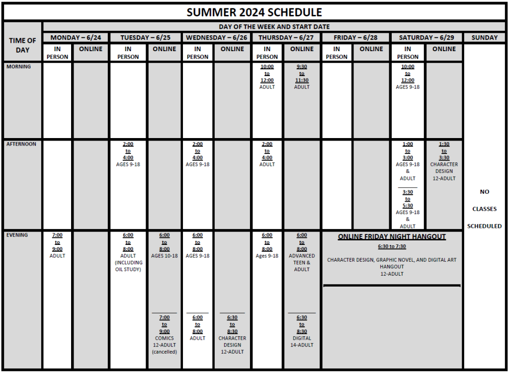 2024 Summer Schedule - The Art Academy